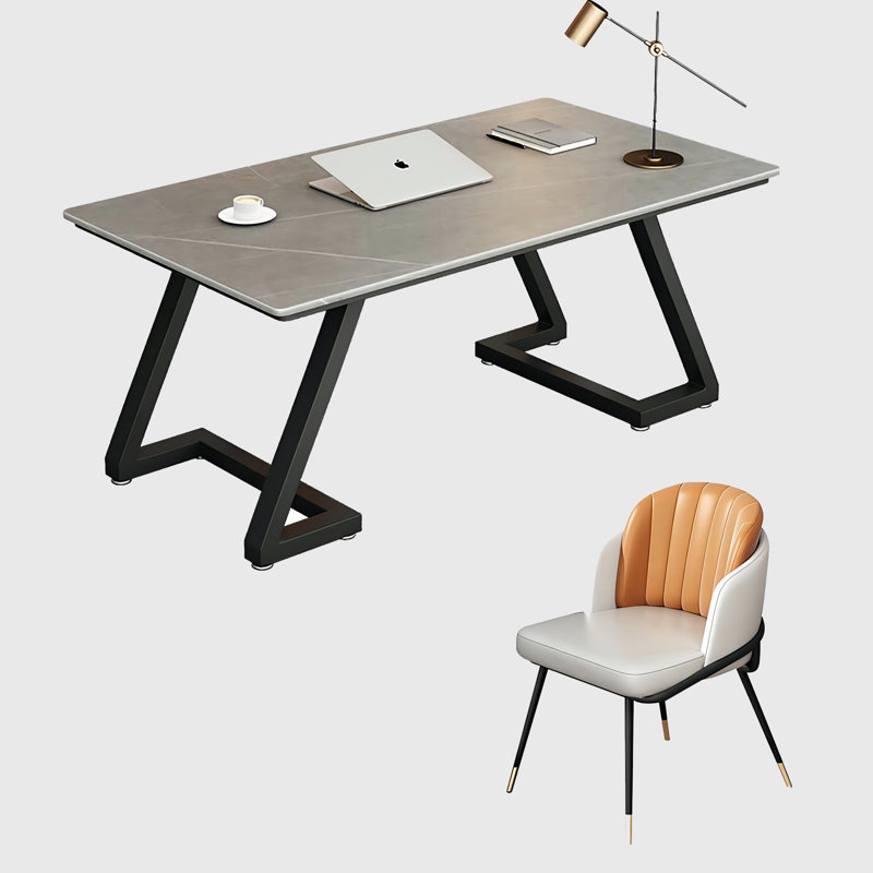Gray Rectangular Sintered Stone desktop Iron Desk And Chair Office Sets